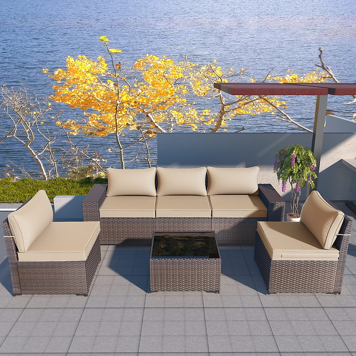 RTDTD Outdoor Patio Furniture Set, 6 Pieces Outdoor Furniture All Weather Patio Sectional Sofa PE Wicker Modular Conversation Sets with Coffee Table,5 Chairs & Seat Clips(Brown)