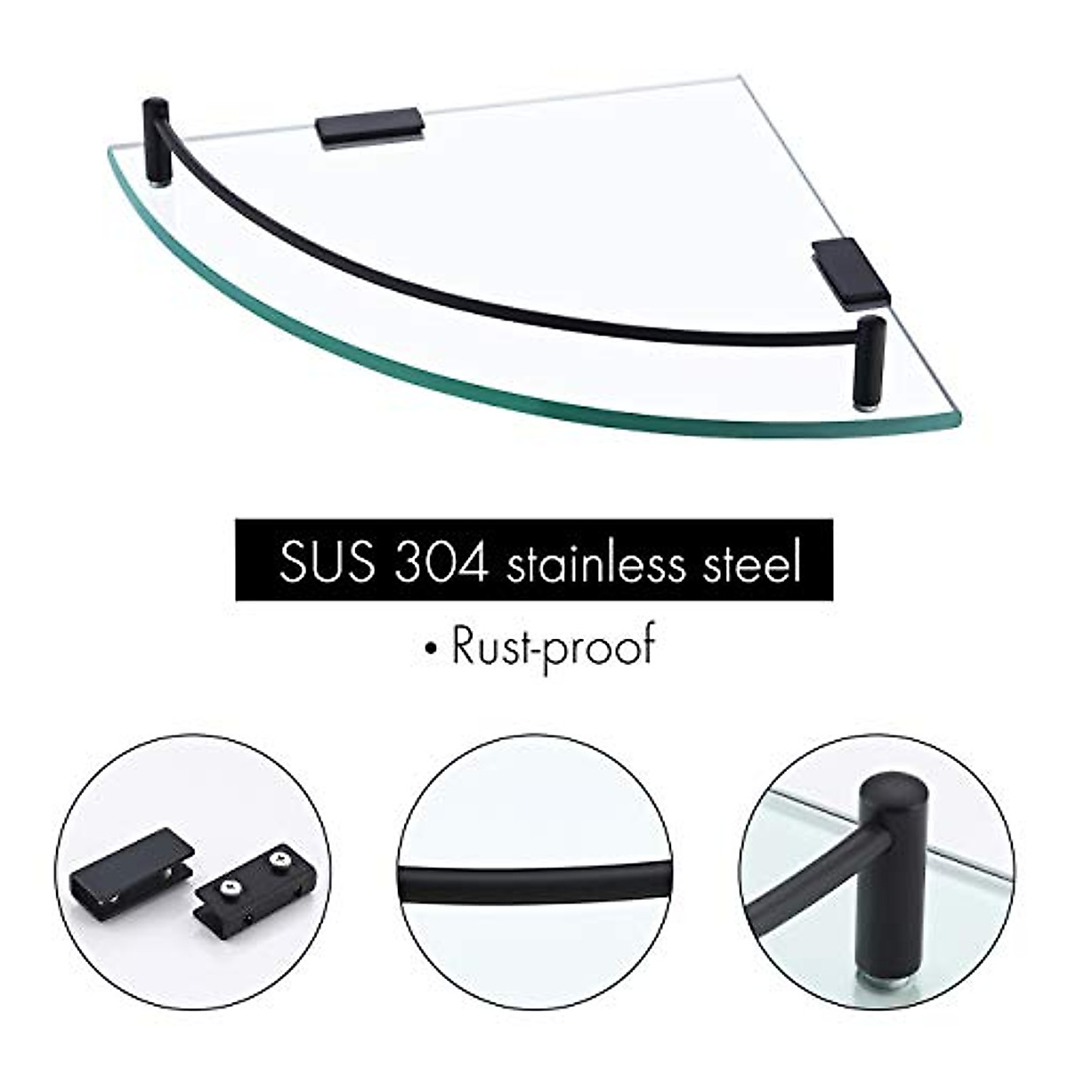 KES Glass Corner Shelf Bathroom Shelf Tempered Glass with Rail SUS 304 Stainless Steel Floating Wall Mount Bracket Matte Black, BGS2101A-BK