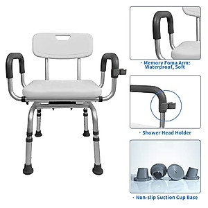 Jachee Swivel Shower Chair for Bathtub, Rotating Shower Chair for Inside Shower, Pivoting Shower Chair with Arms and Back, Height Adjustable Bath Chair Shower Chair for Seniors with Shower Head Holder