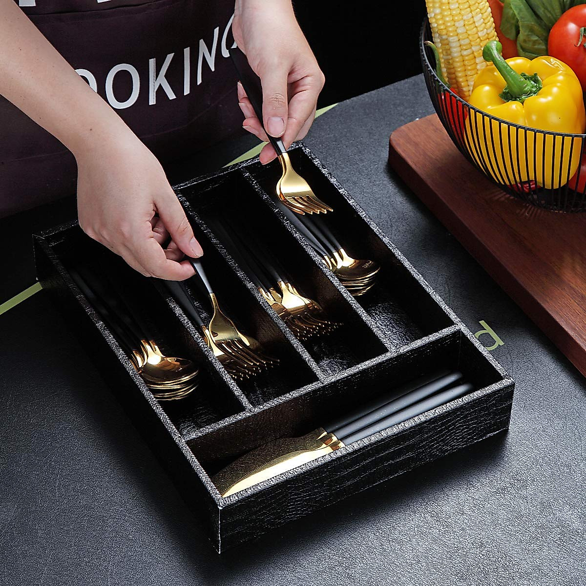 Berglander Drawer Organizers, Black Leather Wood Kitchen Silverware Tray for Drawer, Utensil Tray Drawer Organizer, Kitchen Silverware Organizer, Cutlery Flatware Organizer with Drawers