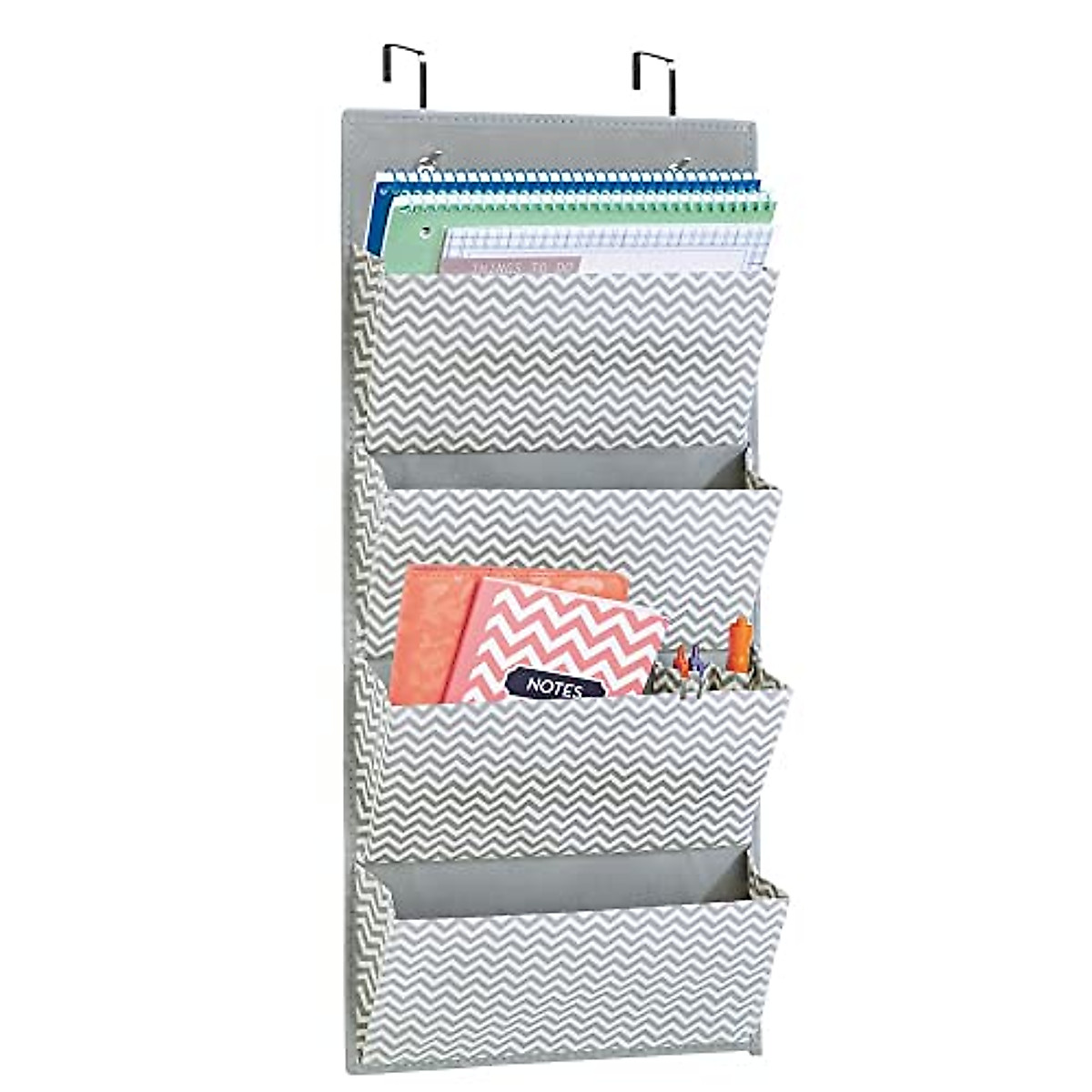 mDesign Soft Fabric Wall Mount/Over Door Hanging Storage Organizer - 4 Large Cascading Pockets - Holds Office Supplies, Planners, File Folders, Notebooks - Chevron Zig-Zag Print, 2 Pack - Gray/Cream
