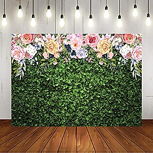 Avezano 7x5ft Flower Grass Photography Backdrop Green Spring Grass Lawn Party Background Vinyl Floral Grass Birthday Baby Shower Miss to Mrs Wedding Bridal Shower Backdrops Cake Table Decorations