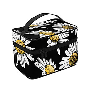 Women's Lightweight Makeup Bag Pouch Compatible with Floral Chamomile Or Daisy Flowers Black Toiletry Bag, Funny Travel Cosmetic Bag Portable Bag with Zip for Office College