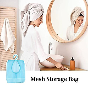 Hanging Storage Mesh Bags?With Hook Bathroom Storage Mesh Bag Hooks Shower Toiletry Bag Makeup Cosmetic Storage Bag Bath Shampoo Shower Organizer(Blue)