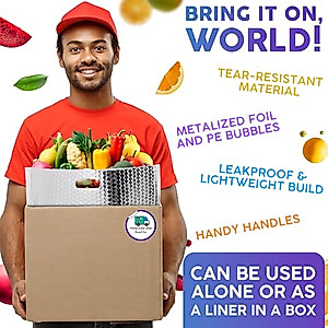 APQ Insulated Foil Bag with Handles, 12 x 10 x 9 Inches. 5 Pack Thermal Bags for Frozen Food. Metallized Foil Insulated Box Liners with Bubble Cushion. Insulated Shipping Bags for Food, Cosmetics