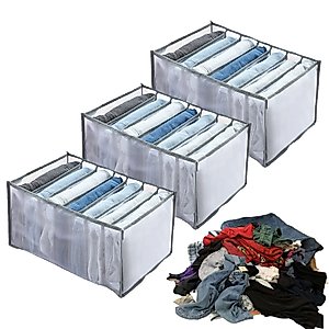 3PCS Wardrobe Clothes Organizer For Folded Clothes Pants,T-Shirt, Skirt, Underwear, Leggings, Kid Jeans Drawers Closet Mesh Storage Stackable 7 Grid Washable
