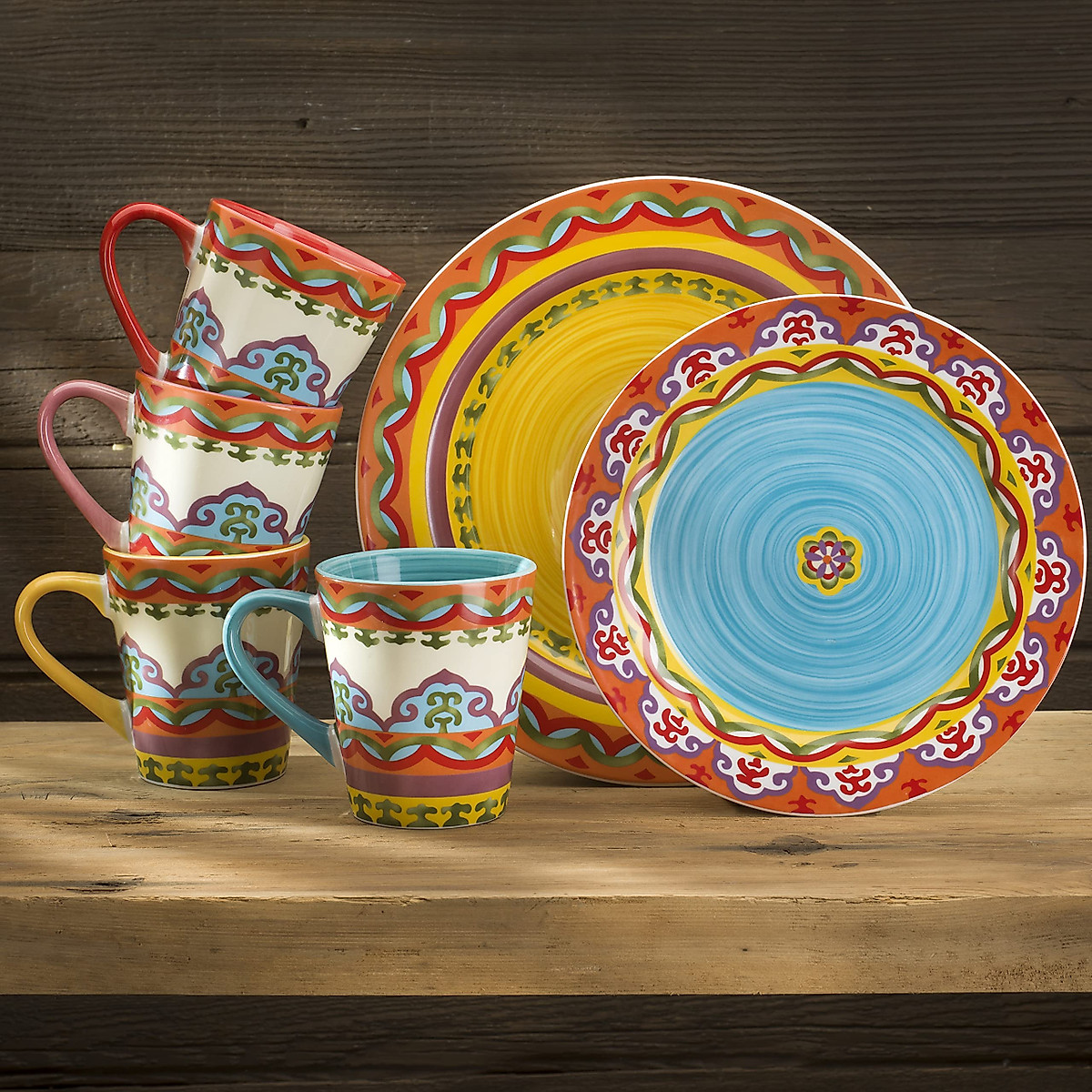 Euro Ceramica EC-GAL-1001 Galicia Collection Andalusian-Inspired 16 Piece Dinnerware Set, Vibrant Assorted Patterns, Multicolor