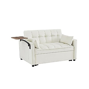 FANYE Modern Minimalist Living Room Loveseat Sofa Couch W/Pull Out Sleeper Couch Bed & Adjustable Sidetable Convertible Twin Size Sofabed Bring Side Storage Pockets for Home Apartment Office