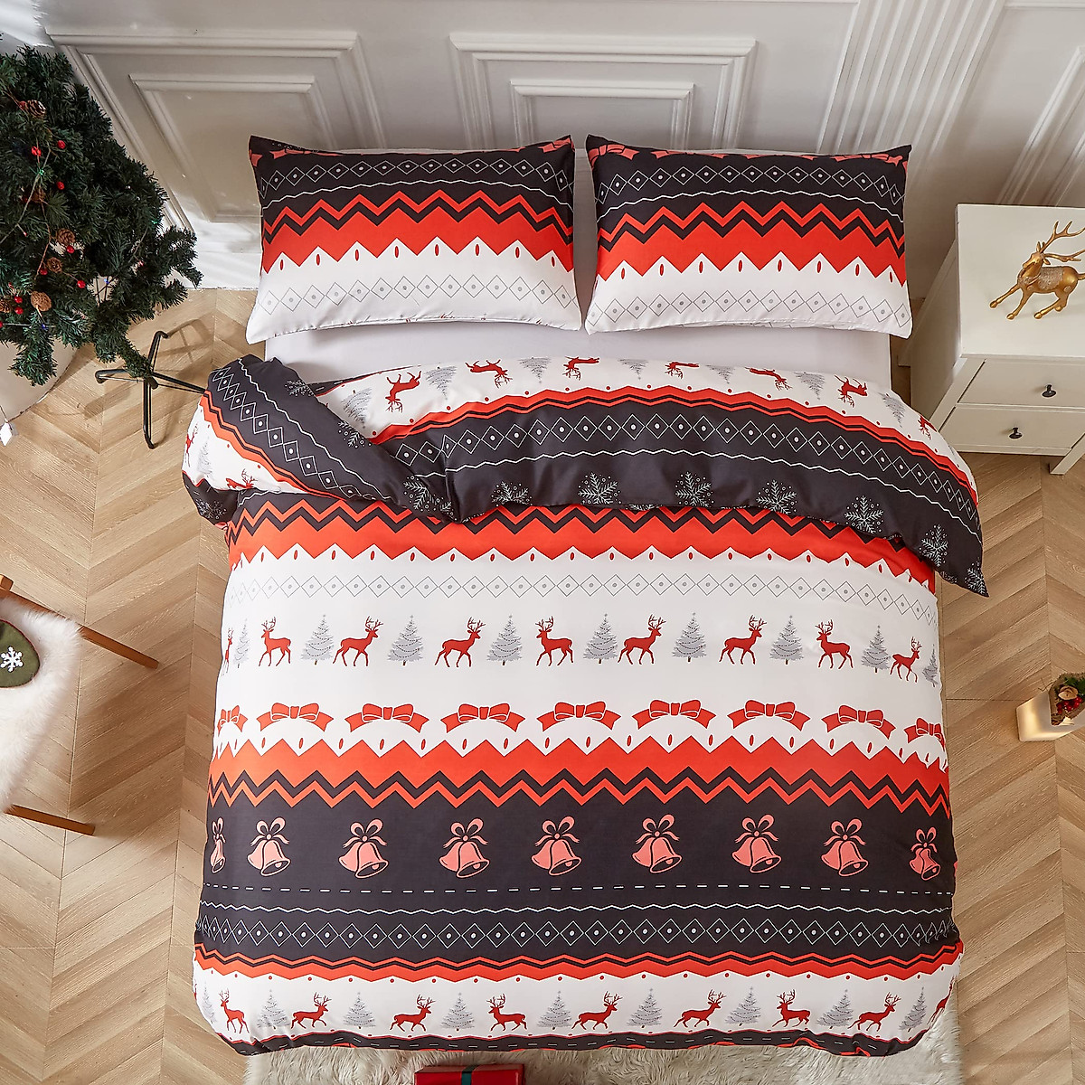 LAMEJOR Christmas Duvet Cover Set Queen Size Soft, Christmas Theme Reindeers/Bells/Christmas Trees Pattern Holiday Decor, 1 Duvet Cover+2 Pillow Cases
