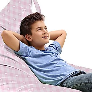 Lunarable Checkered Lounger Chair Bag, Romantic Tartan with Hearts Love Theme Pastel Girly Tones Cartoon, High Capacity Storage with Handle Container, Lounger Size, Pale Pink White