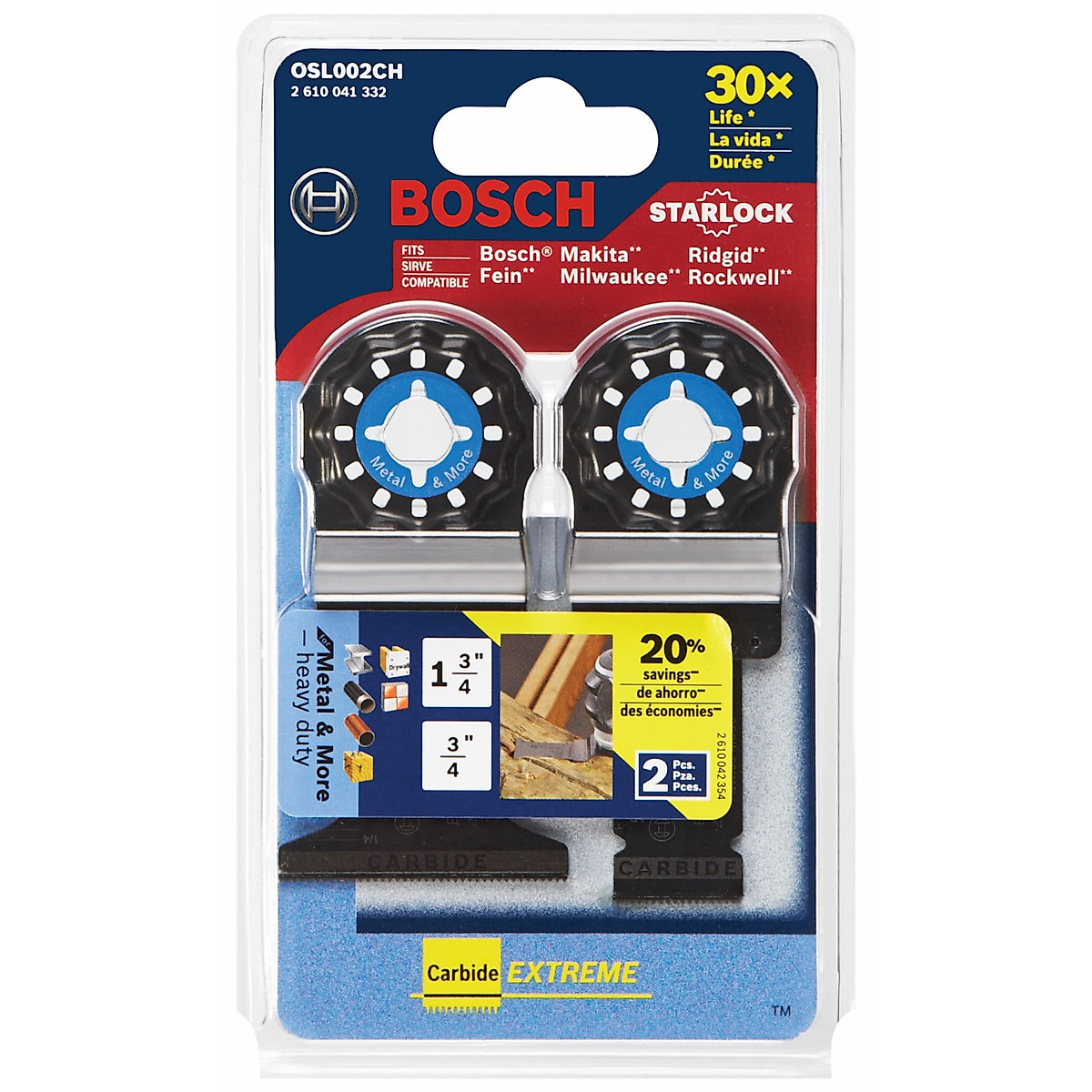 BOSCH OSL002CH 2-Piece Mixed Set 3/4 In. & 1-3/4 In. Starlock Oscillating Multi Tool Metal & More Carbide Extreme Plunge Cut Blades for Cutting Iron Bar, Metal, Wood with Nails, Drywall and Tile