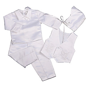 Dressy Daisy Newborn Baby Boys Baptism Christening Clothing Outfit White Satin Suit 4 Piece Set with Bonnet Size 0 Months Long Sleeve