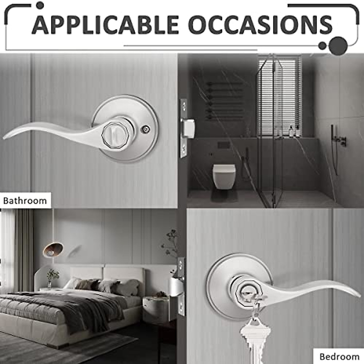 Probrico (3 Pack Entry Door Lever [Lock with 3 Keys],Locking Door Handle Set for Office or Front Door,Satin Nickel Finish Wave Entrance Door Lock with Key, Reversible Right & Left Side Handed