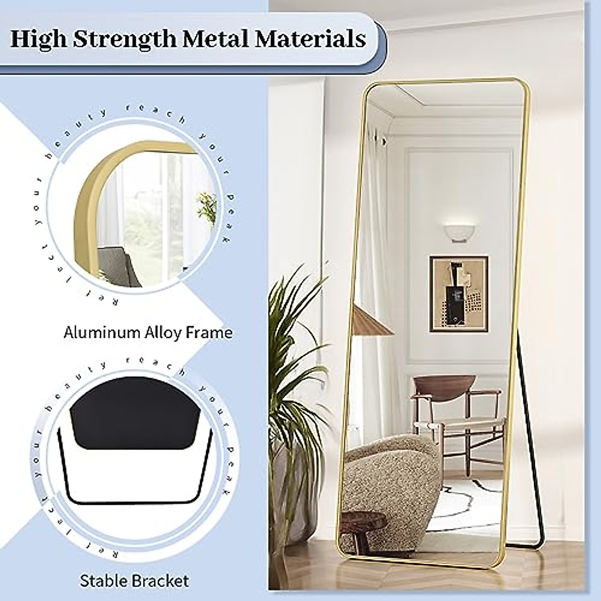 BEAUTYPEAK Gold Full Length Mirror, 64"x21" Rounded Corner Floor Mirror Standing Hanging or Leaning Against Wall, Suitable for Bedroom or Dressing Room
