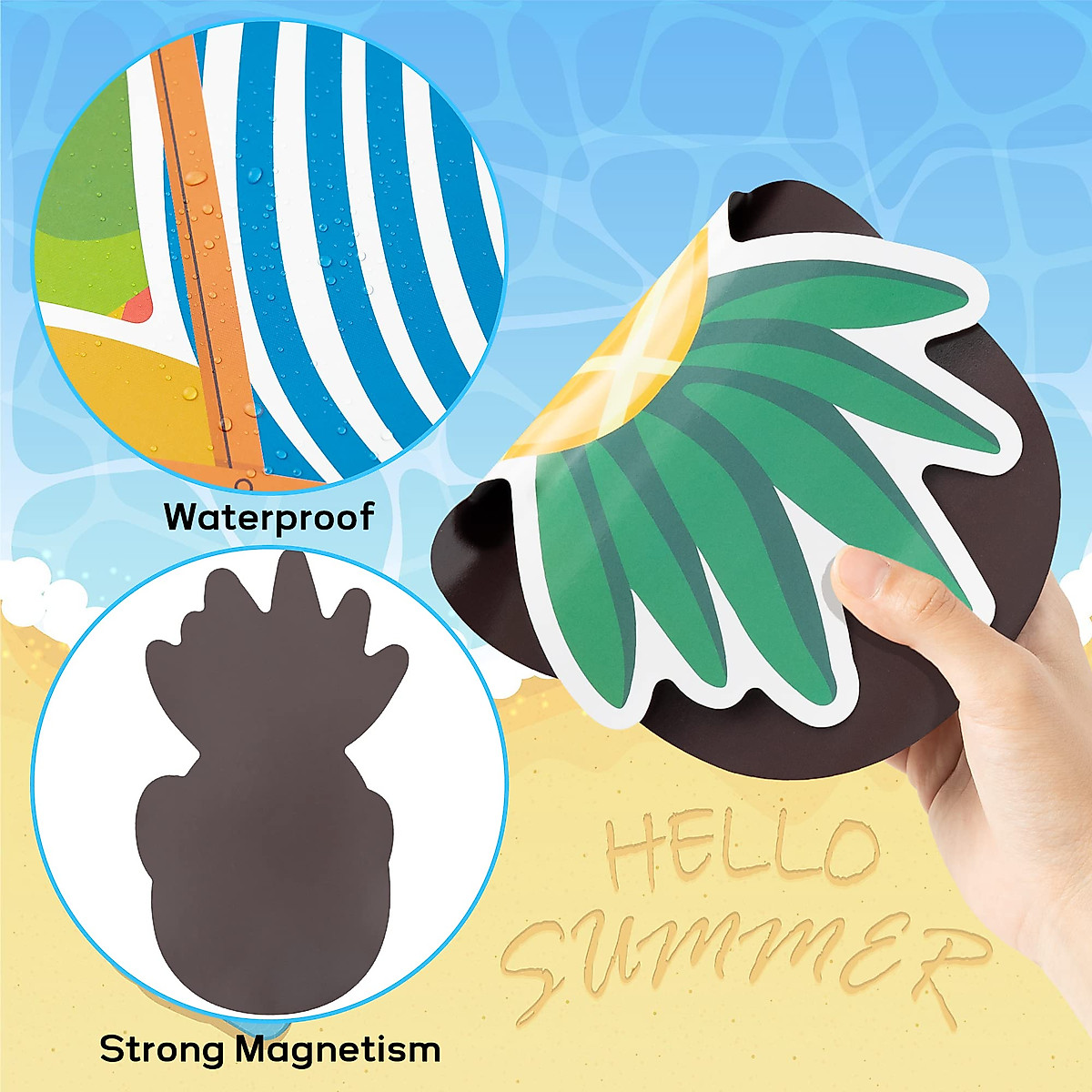 JAPBOR 4pcs Cruise Door Magnets Decorations Magnetic, Refrigerator Car Cabin Ship Magnet, Tropical Beach Summer Hawaii Decal, Flamingo Pineapple Surfboard Fridge Sticker for Home Kitchen Cabinet Decor