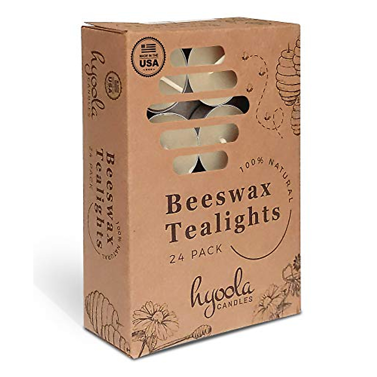 HYOOLA White Beeswax Tealight Candles in Aluminum Cup - 24 Pack - 100% Pure Natural Beeswax Candles