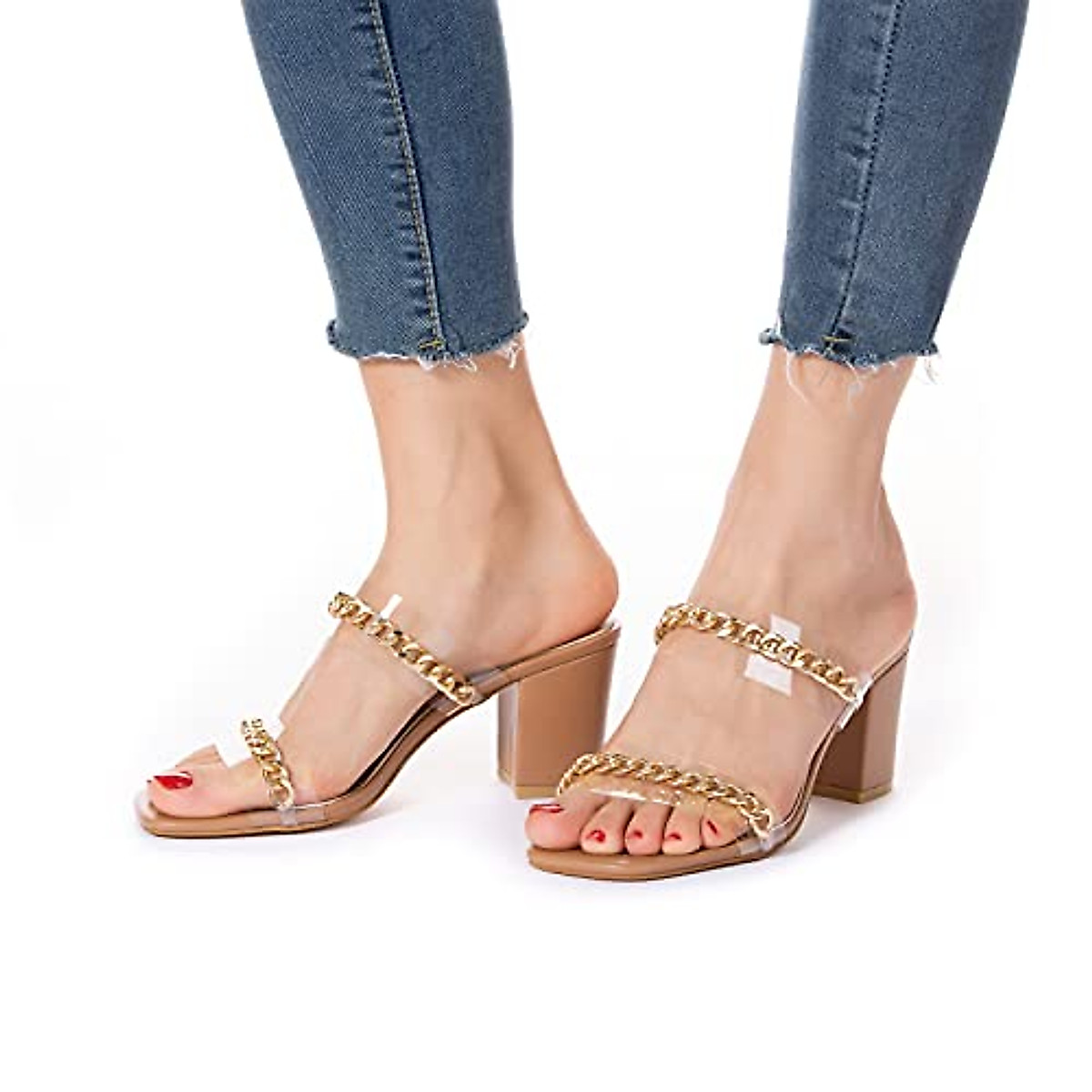 N.N.G Women Clear Heel Sandals Chunky Heels Two Strap Block Square-Toe Leather Comfortable Sandals Nude Size 6