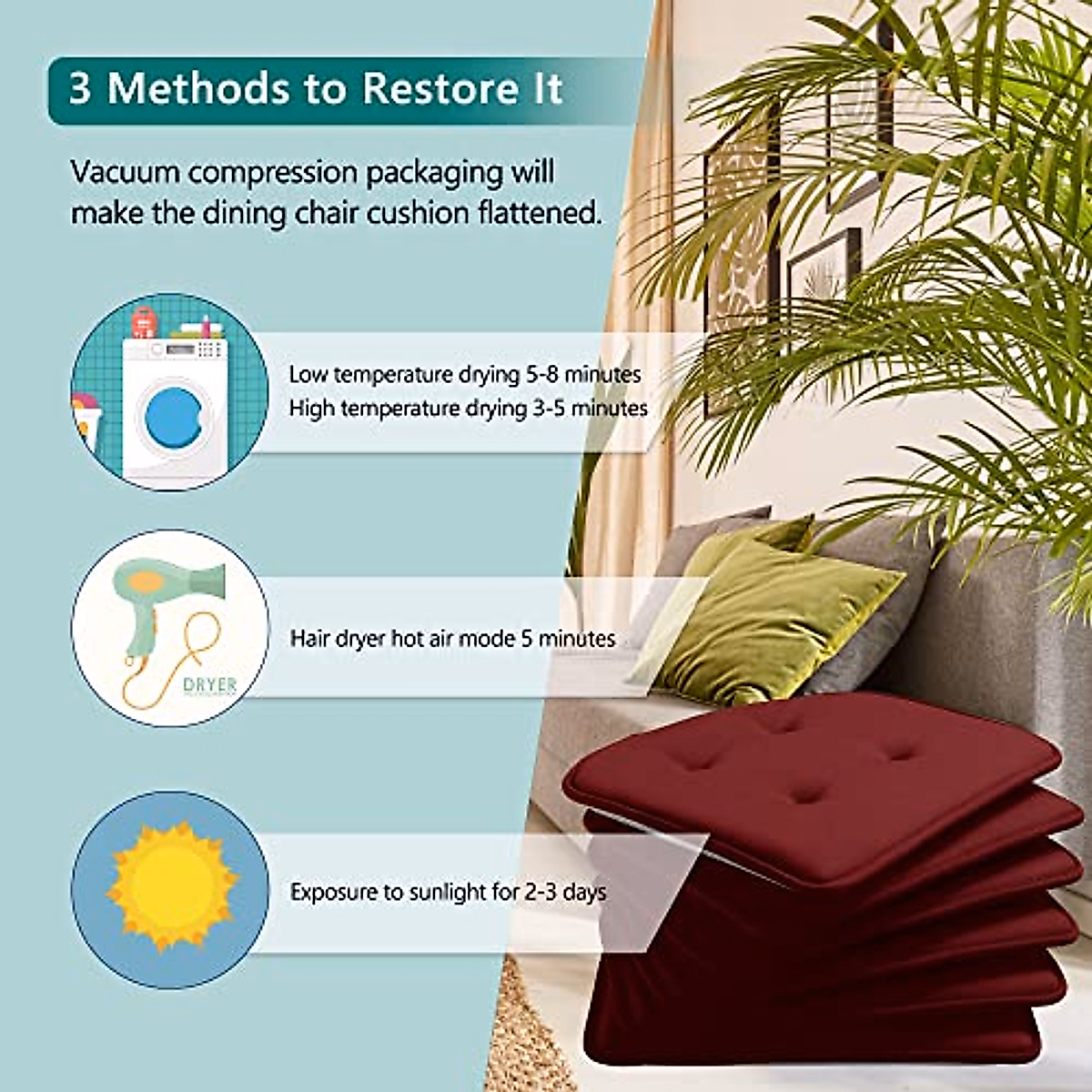 HARBOREST Chair Cushions for Dining Chairs 6 Pack - Memory Foam Seat Cushions for Kitchen Chairs, U-Shaped Non-Slip Chair Pads for Dining Chairs Set of 6, 17" x 16" x 1.5", Burgundy