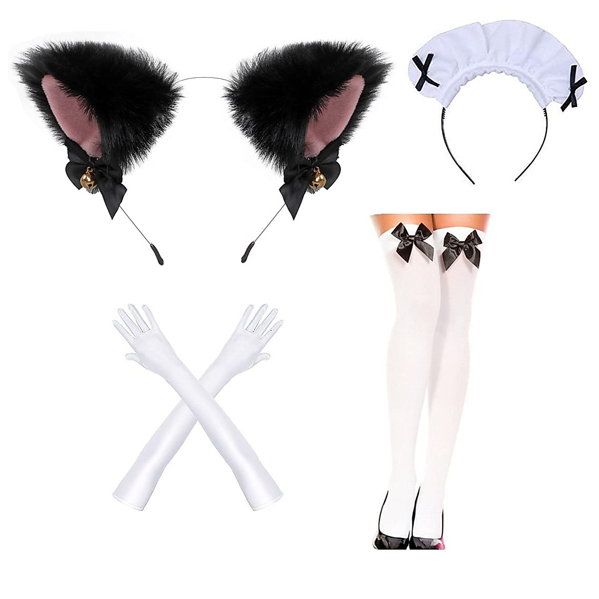 Japanese Anime Sissy Maid Dress Cosplay Sweet Classic Fancy Apron Socks Gloves Faux Fur Cat Furry Headwear Set(L)