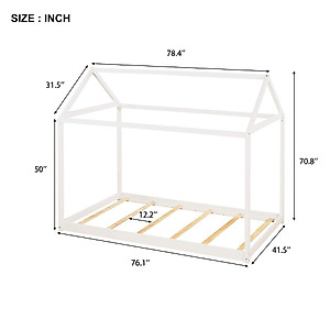 Twin Size House Bed, Wooden Daybed, Floor Bed for Toddlers, Teens, Girls, Boys, Kids House Bed Frame Can Be Decorated (White)