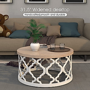 Clredg Round Farmhouse Coffee Table, Wood Grain Top Table with Curved Motif Frame Base for Rustic, Boho, Rustic, French Country Decor, Traditional White