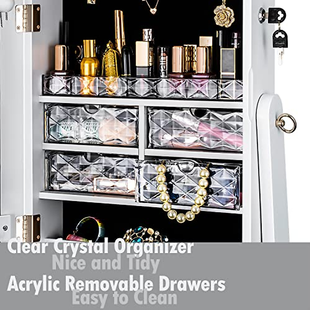 YOKUKINA Mirror Jewelry Cabinet Standing, Large Storage Jewelry Armoire, Full-Length Frameless Mirror with Jewelry Storage, 12 LED Lockable Standing Jewelry Organizer (White)