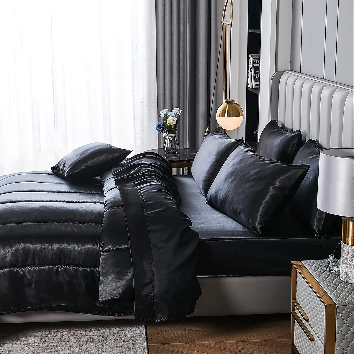 Black Silky Comforter Set Satin Queen Bed in a Bag 8 Pieces Luxury Hotel Silky Bedding with 1 Comforter, 1 Flat Sheet, 1 Fitted Sheet, 4 Pillowcases, 1 Cushion Cover (Queen, Black)