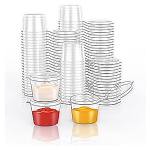 XINGLIAN 100 Pieces Plastic Souffle Cups, 1 OZ Disposable Clear Leak Proof Sauce Cup With Hinged Lid, Used for Various Sauces, Food Samples, Storage Crafts