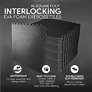 Signature Fitness Puzzle Exercise Mat with EVA Foam Interlocking Tiles for MMA, Exercise, Gymnastics and Home Gym Protective Flooring, 3/4" Thick, 96 Square Feet, Black