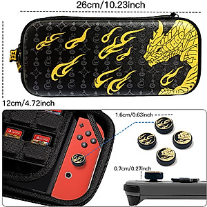 Frusde for Switch Carry Case Monster Hunter Rise, Portable Carrying Case for Switch with 4 MHR Silicone Thumb Grip Caps, Travel Case Cover with 10 Playing Card Slots for Switch Console & Accessories