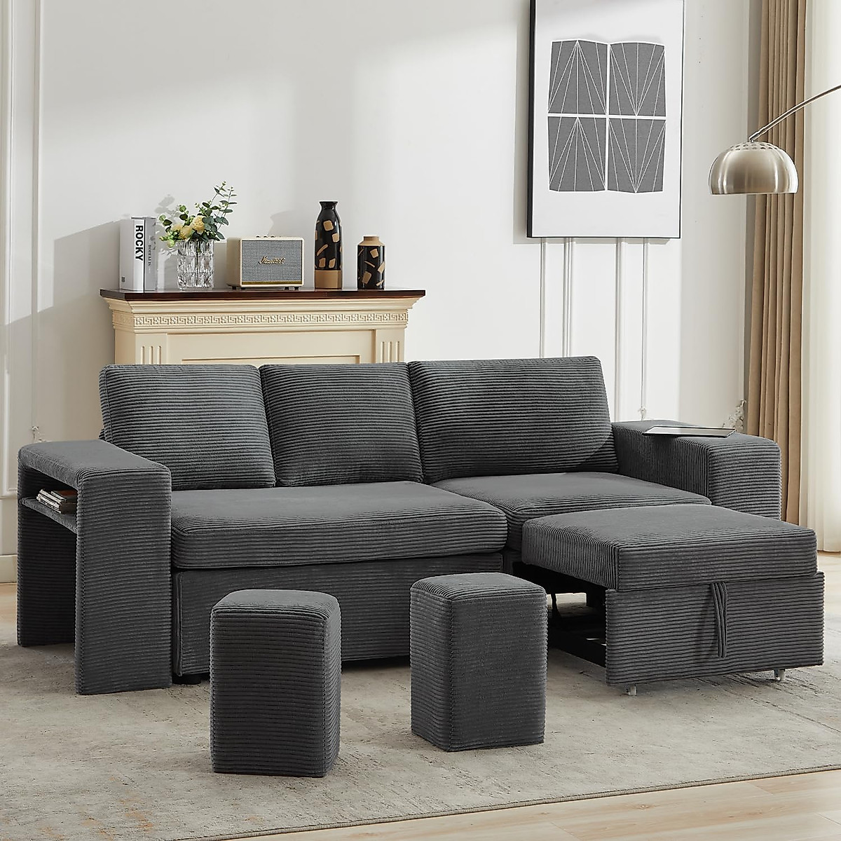 Bumblr 93" Modular Sectional Couches for Living Room Furniture, Comfy L Shape Couch with Chaise, Pull Out Couch with 2 Ottomans, Wide Sofa Armrest with Storage Space, Dark Grey