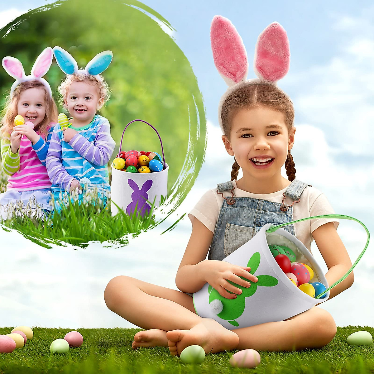 Honeydak 6 Pcs Canvas Easter Bunny Baskets for Kids Easter Basket Bulk Canvas Tote Bunny Basket Egg Hunt Bags Printed Fluffy Tails Carry Bucket Cloth Tote Easter Gift Bags Party Decorations Favors