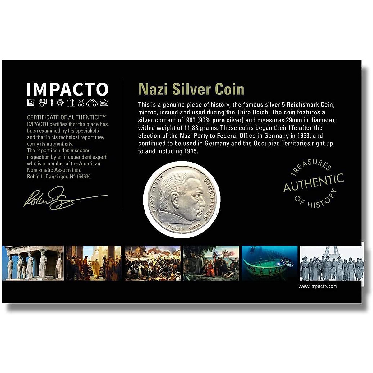 Authentic WW2 Memorabilia World Currency - One Nazi Coin of 5 German Marks Issued from 1936 to 1939 from The World War 2 - Third Reich