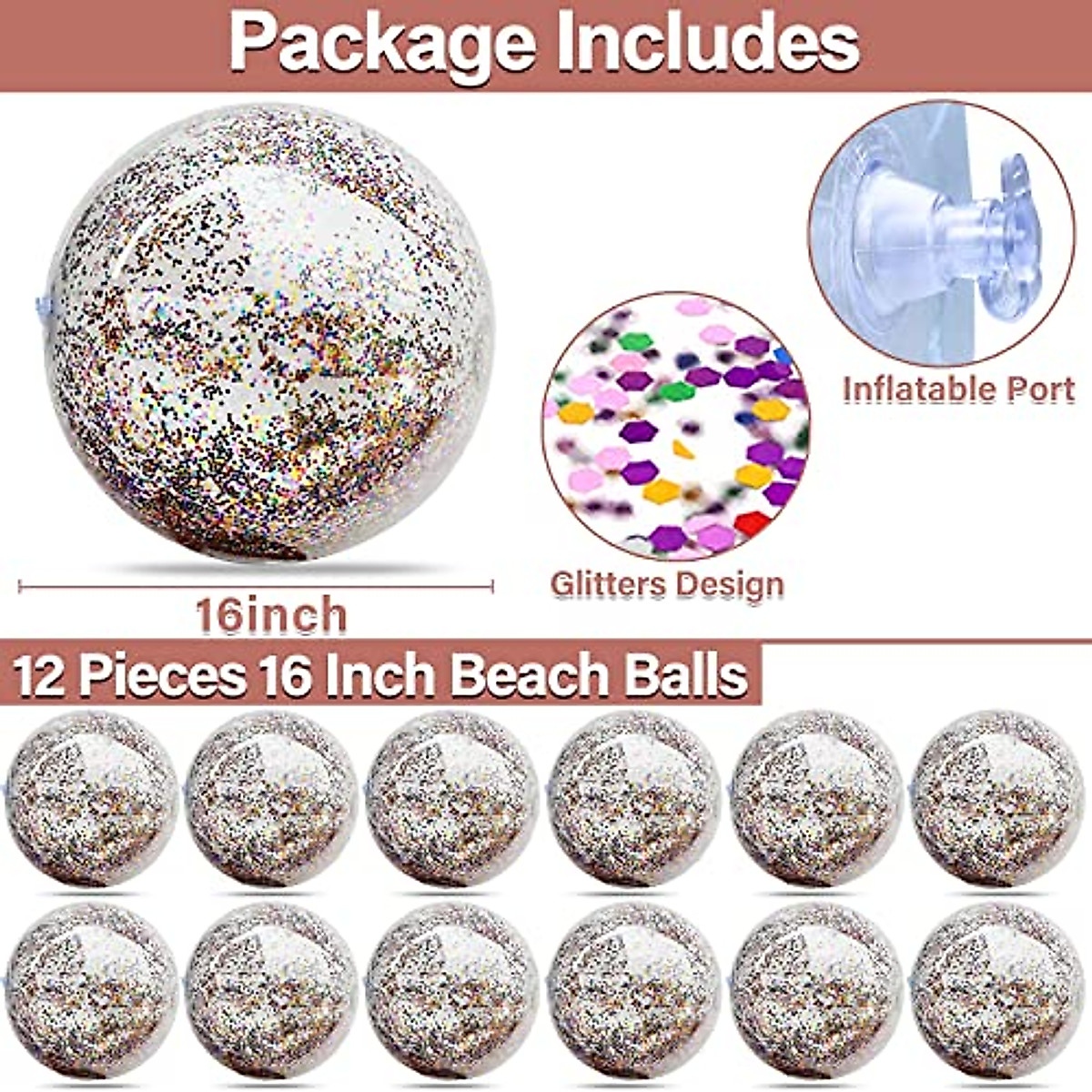 Inflatable Beach Balls Bulk Jumbo 16" Glitters Pool Toys Balls for Pool, Beach, Summer Pool Party - Swimming Pool Game Water Beach Toys Kid Party Favor Luau Decorations Blow Up Beach Ball (12 Pack)