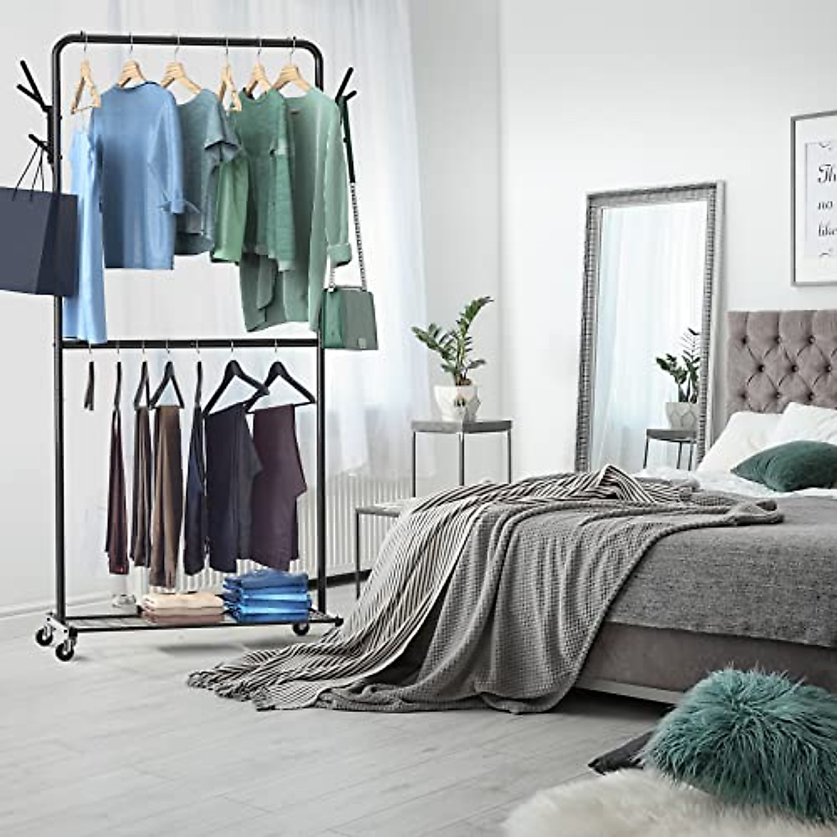 Simple Houseware Double Rod Garment Rack With Wheels and Hooks, Black