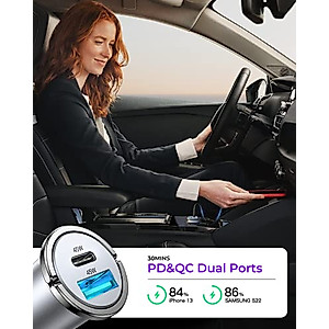 USB C Car Charger, [PD45W & QC45W]Dual Fast Ports Fast Charge Car Charger [All Metal & Mini]Cigarette Lighter Adapter for iPhone 14/13/12 Pro Max Samsung S22/21 Note20/10 Google Pixel, iPad Pro-Sliver