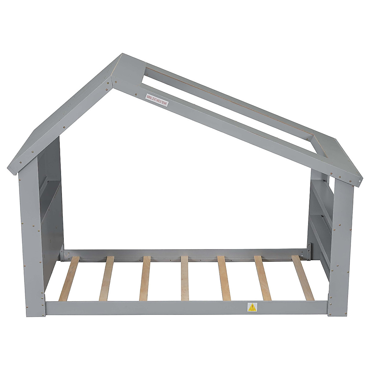 DUNTRKDU Twin Size Wood House Floor Bed Frame with LED Light, Modern Multifunction House Floor Bed with Roof Window and Wood Slats Support for Bedroom Girls Boys, Easy Assemble (Gray)