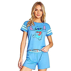 Disney Stitch Womens Pyjamas Short PJs for Women Sets Two Piece Eeyore Nightwear Sleepwear Stitch Gifts (Blue Stitch, M)