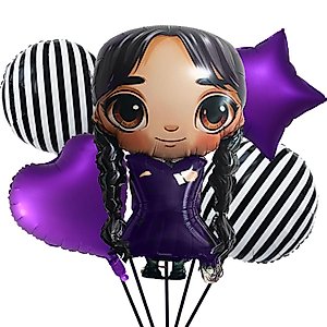31" Gothic Cartoon Girl & Mixed Gothic Balloons Set: 5pcs Foil Balloons Black Striped, Star, and Heart Purple Balloons for Mysterious Character theme Party, Birthday, Halloween, and Costume Parties