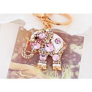 Reizteko Lucky Elephant Colorful Opal Rhinestone Plating Women Car/Bag Keychain Purse Charm - Pink