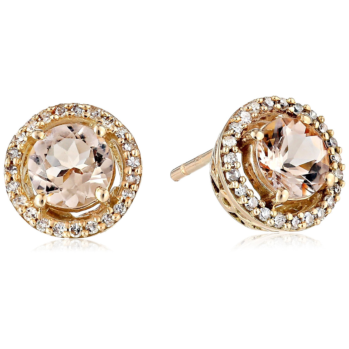 Amazon Collection 10K Rose Gold Morganite Round with Diamond Halo Stud Earrings (1/10 cttw)