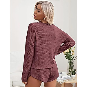 Ekouaer Womens Waffle Knit Pajama Sets Long Sleeve Top and Shorts Matching Lounge Set Sleepwear Loungewear Sweatsuit with Pockets Burgundy Small