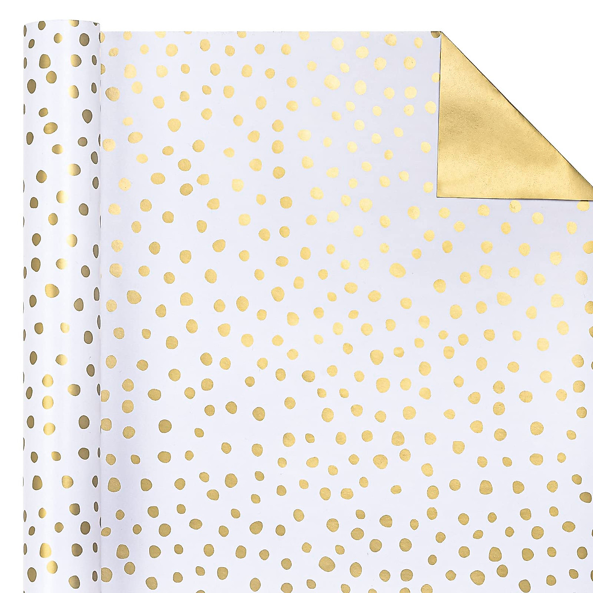 WRAPAHOLIC Reversible Wrapping Paper - Mini Roll - 17 Inch X 33 Feet - Gold Print and Delicate Polka Dots Design for Birthday, Holiday, Wedding, Baby Shower