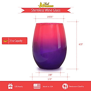 Bad Bananas Set of 2 - Pink and Purple Ombre 21 oz Stemless Wine Glasses - Colored Glassware - Colorful Drinking Glasses Wine Gifts for Women