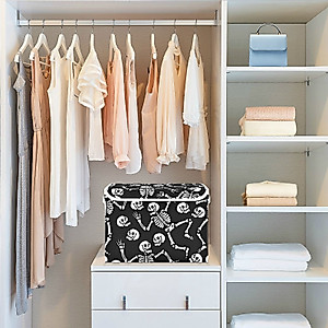 CaTaKu Skull Black Storage Bins with Lids,Halloween Fabric Large Storage Container Cube Basket with Handle Decorative Storage Boxes for Organizing Clothes Shelves