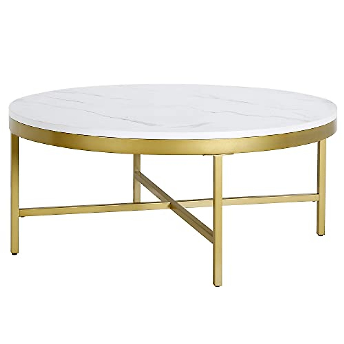 Henn&Hart 36" Wide Round Coffee Table with Faux Marble Top in Brass/Faux Marble, Modern coffee tables for living room, studio apartment essentials