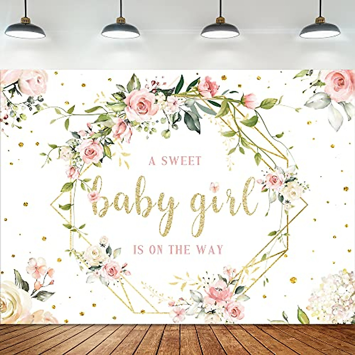 Omifly Baby Girl Backdrop for Baby Shower Floral Sweet 7x5ft Photography Wall Pink Rose Flower Green Eucalyptus Leaves Gold Dot Background Newborn Pregnancy Party Decorations Photo Booth Studio Props