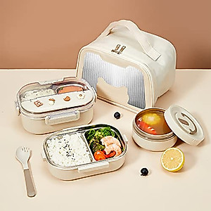 VANDHOME Bento Box Stainless Steel Lunch Box with Cutlery 2-Compartment Lunch Container Reusable Bento Lunch Box, Suitable for Office, Work Meals, BPA-Free Leak-Proof Bento Box (Beige 900ml)