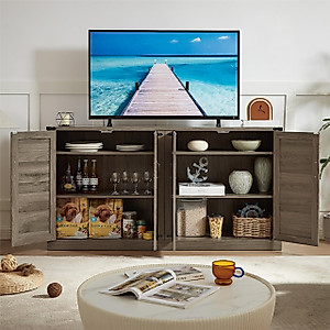 HXCQYGL 65-Inch Slate Gray Faux Rattan Sideboard with Barn Doors Rustic Sideboard, 4-Door Storage for Living Room, Entryway, Bedroom, Dining Room (Stone Gray)