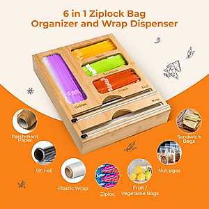 Bag Storage Organizer and Wrap Dispenser with Cutter for Kitchen Drawer, Bamboo Bags Compatible Foil, Wax, Ziploc Gallon, Quart, Sandwich Snack Variety Size 12'' Rolls, 1.0 Count, (Pack of 1)